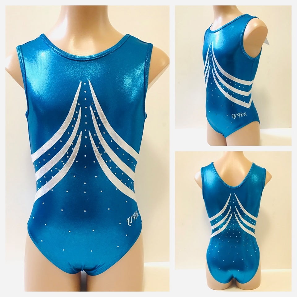 Ocean Blue And White Shiny Foil Mystique High Quality Leotard With