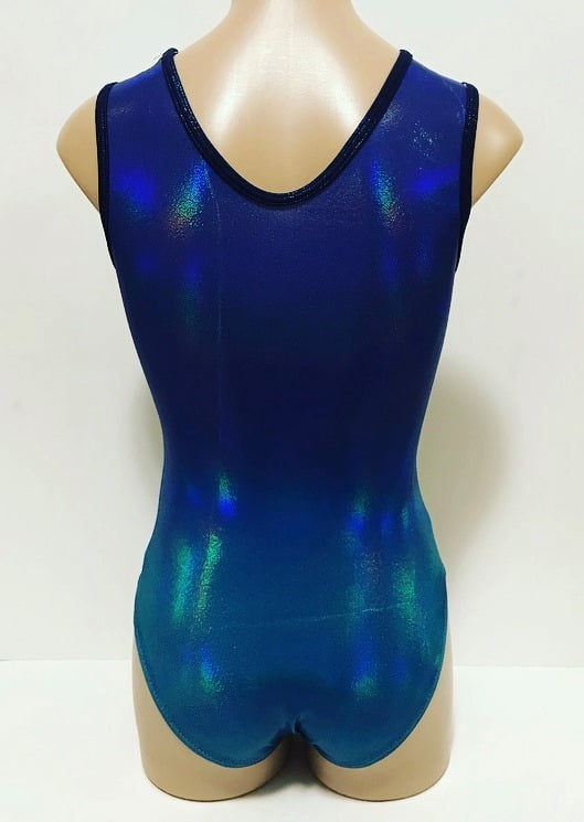 Blue And Emerald Shiny Foil Mystique Ombre Sleeveless Leotard For