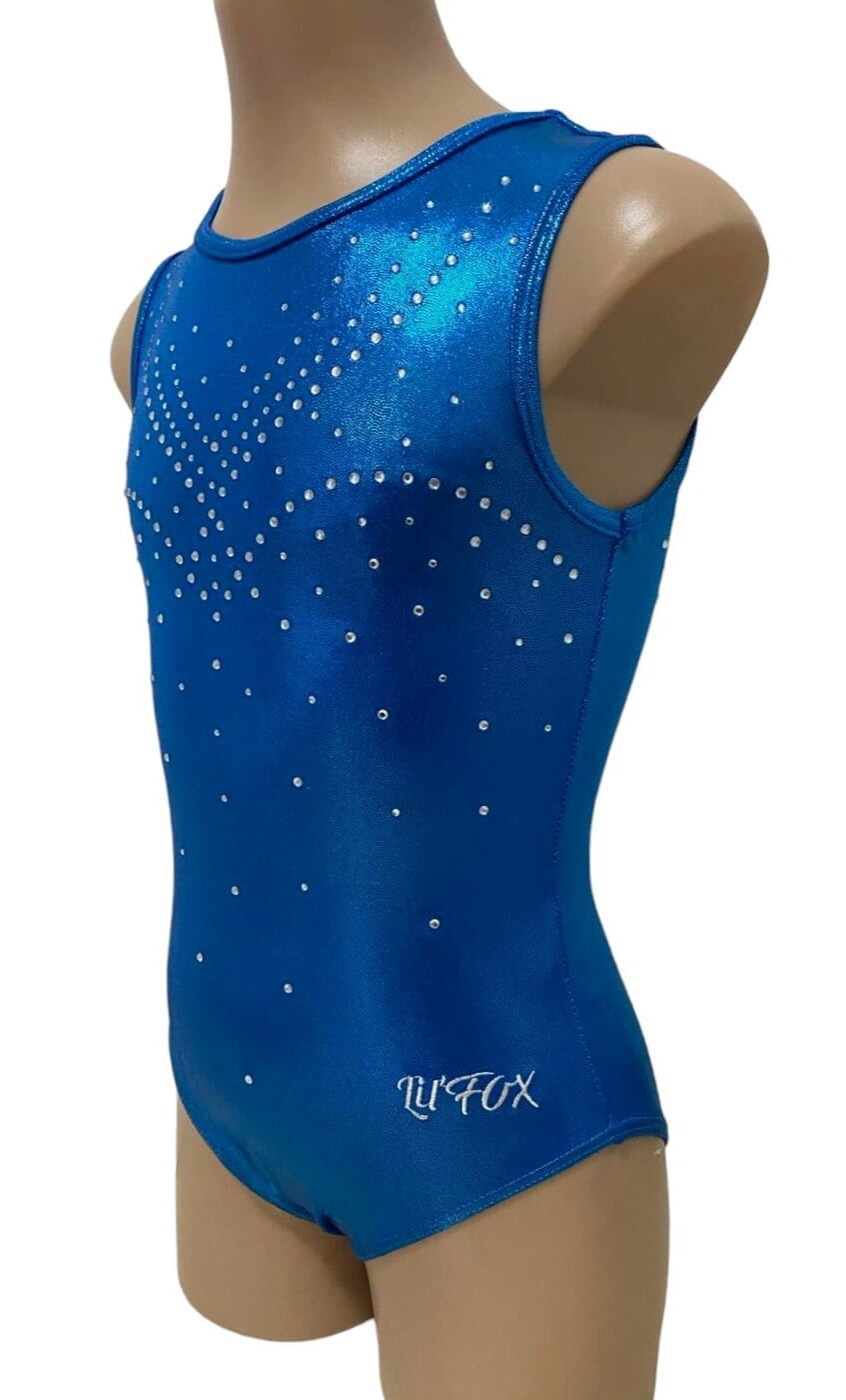 OCEAN BLUE GLITZ Shiny Foil Leotard Crystals Gymnastics Acrobatics ...