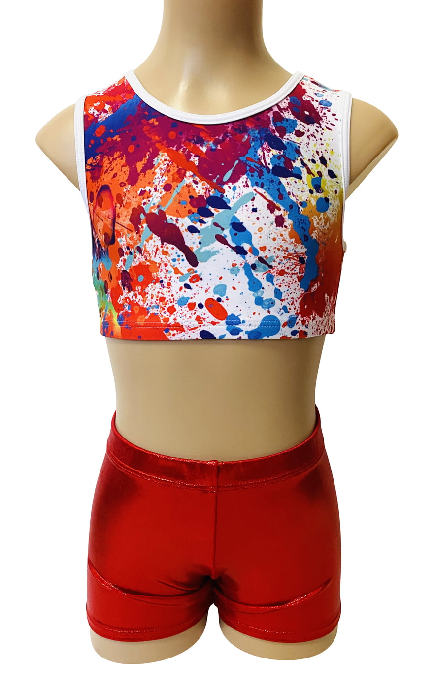 Rainbow Splat Lycra Top (fully lined) with Red Shiny foil Mystique Shorts