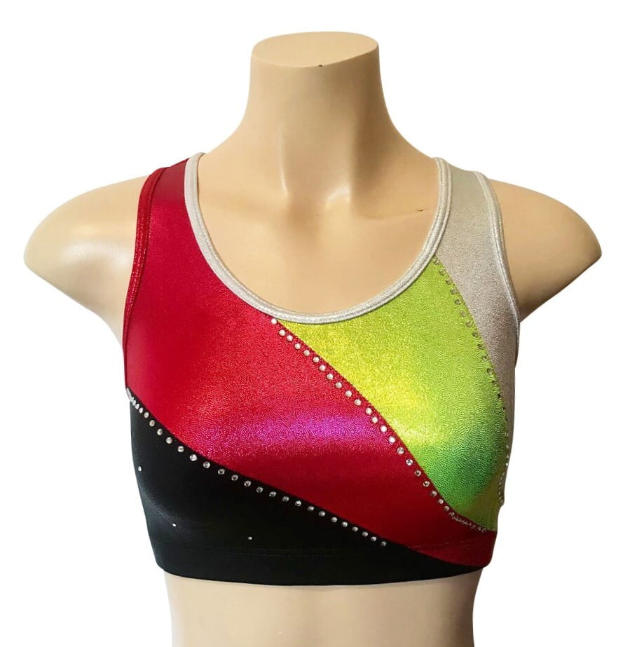Black Pink Yellow White Shiny Foil Crop Top with Crystals